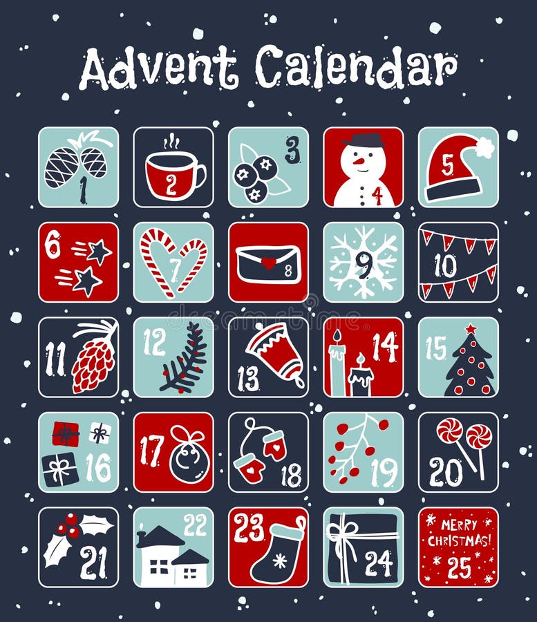 Christmas Advent Calendar with Cute Christmas Illustrations Stock ...