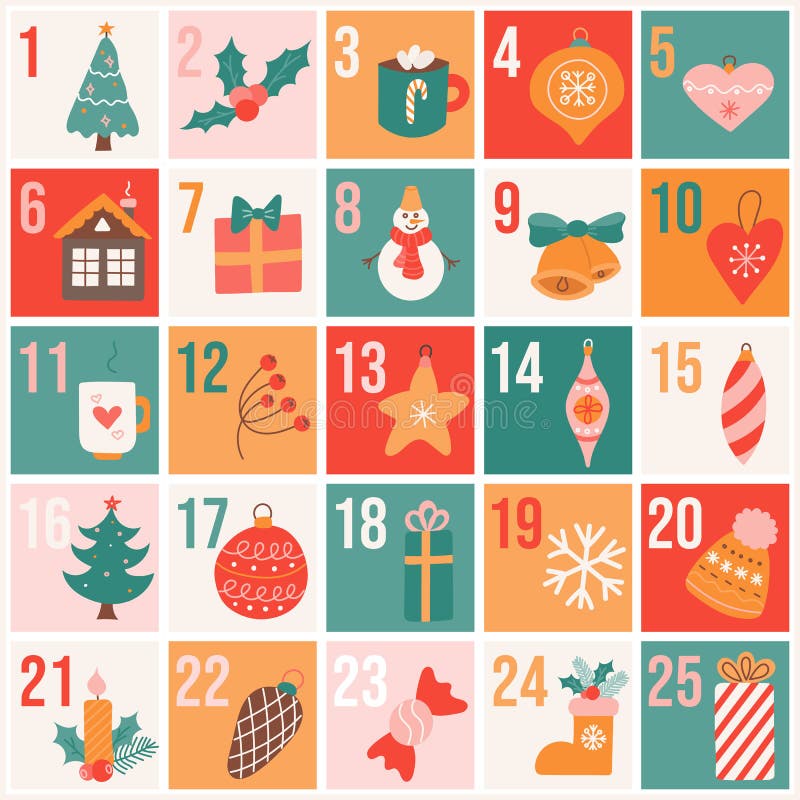 Christmas Advent Calendar in Flat Hand Drawn Style, Festive Vector ...