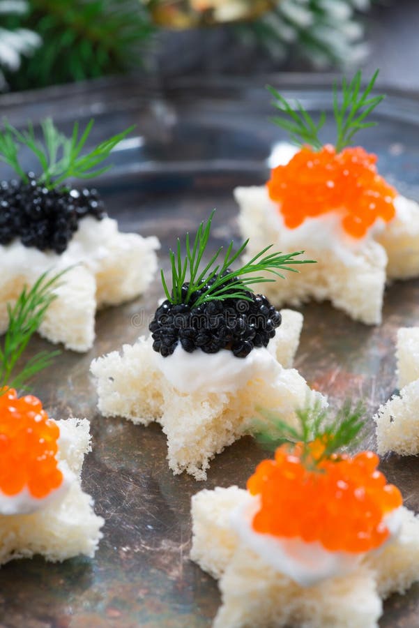 Christmas Appetizers with Bread and Caviar, Selective Focus Stock Photo ...