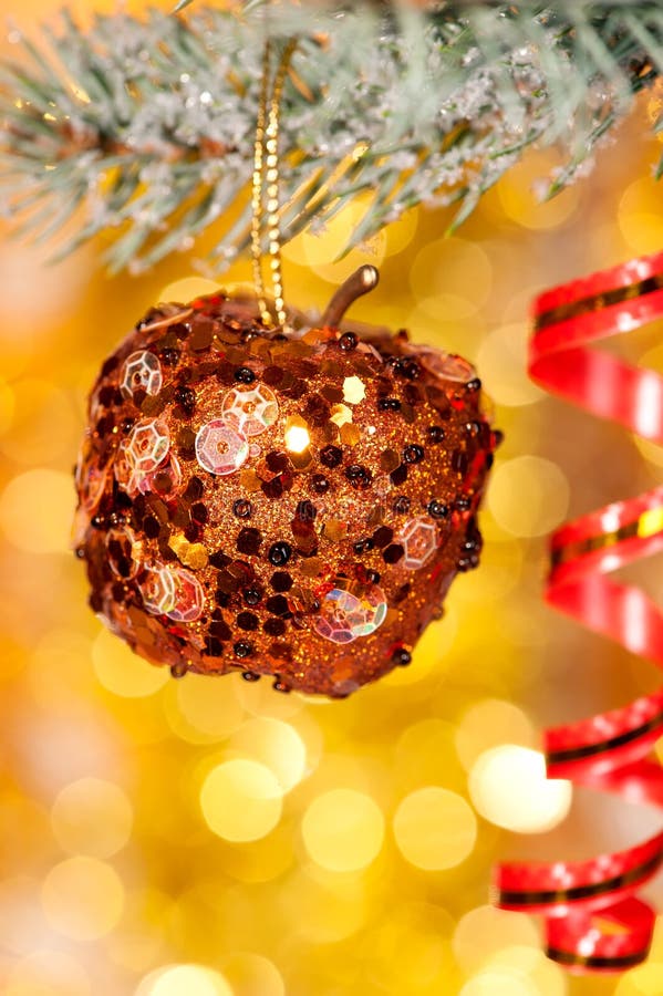 Christmas Apple On Fir Tree Branch Stock Photo - Image of ball, merry ...