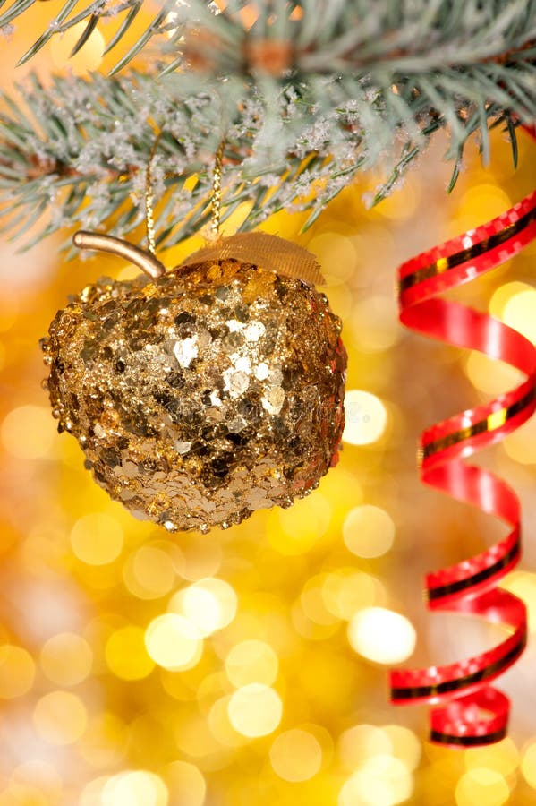 Christmas Apple on Fir Tree Branch Stock Image - Image of close, design ...