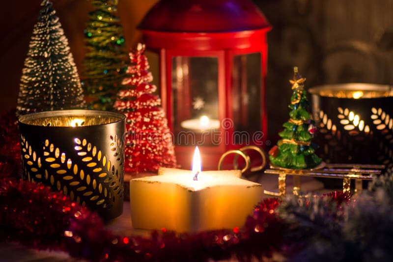 Christmas Arrangement of New Year`s Decor in a Festive Evening. Stock ...