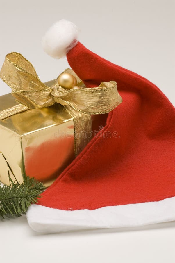 Christmas Arrangement. Santa Hat and Gift Box. Stock Image - Image of ...