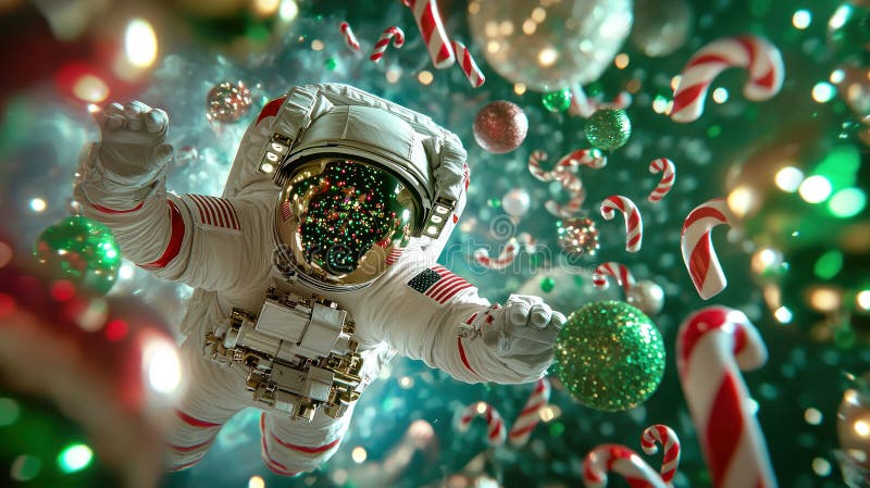 Christmas Astronaut Floating in Space with Festive Decorations and ...