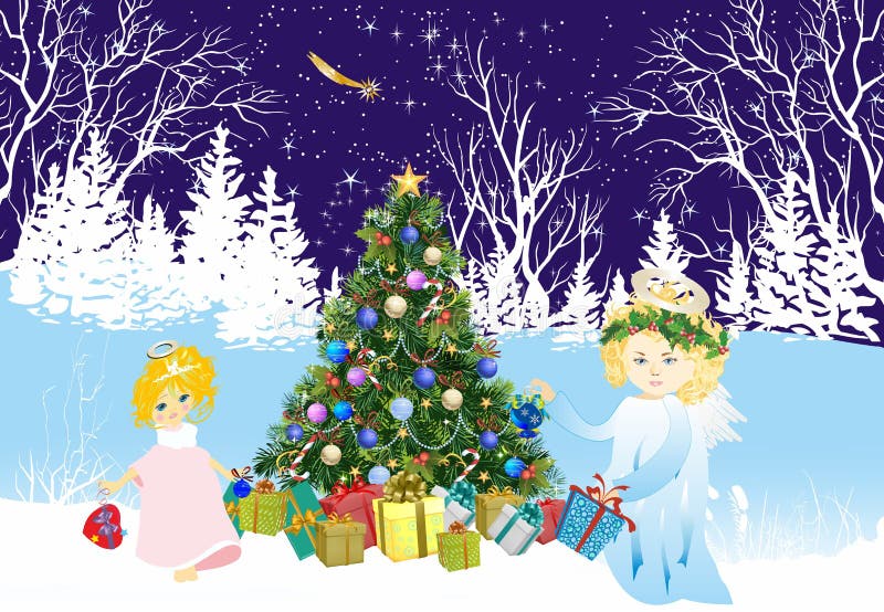 Christmas Background with Angels and Christmas Tree, Stock Illustration ...