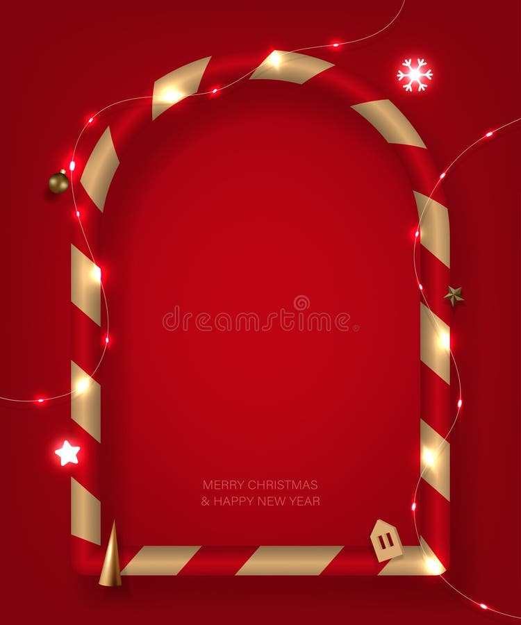 Christmas Background with Arch Candy Pattern, Festive Elements on Red ...