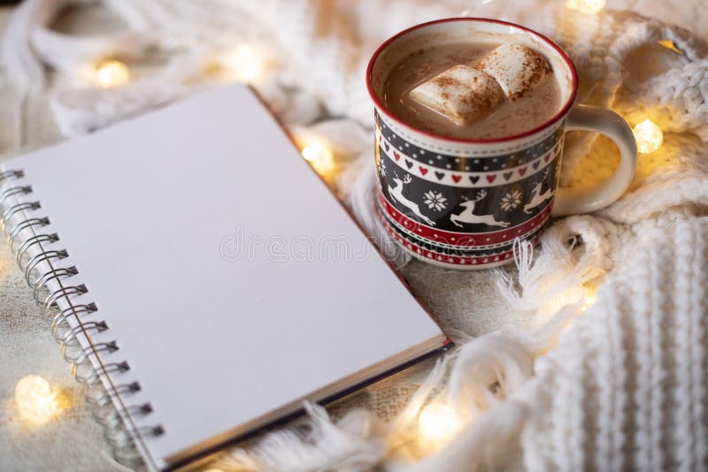 Christmas Background with Blank Notebook, White Knitted Sweater ... Christmas Background with Blank Notebook, White Knitted Sweater ...