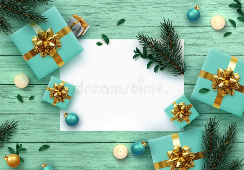 Christmas Background Design. Xmas Composition Wood Plank Texture, Flat ...