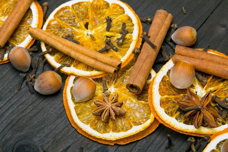 Christmas Background Dried Orange Cinamon Hazelnut Anise And Cloves