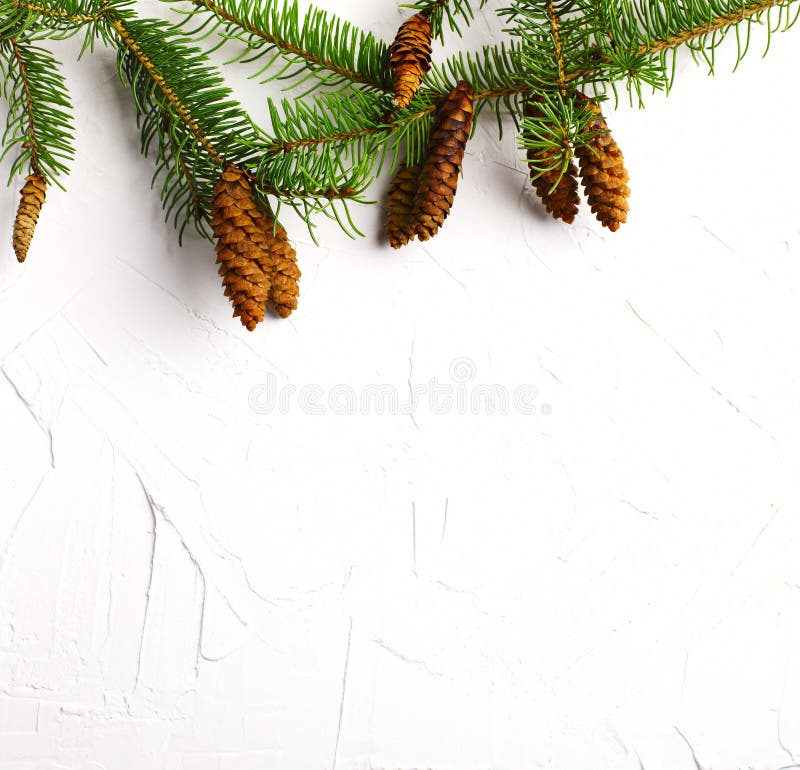 Christmas Background with Fir Tree Branches and Lights on Wooden ...