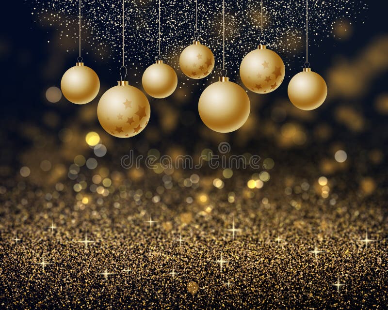 Christmas Background of Gold Glitter and Hanging Baubles Stock ...