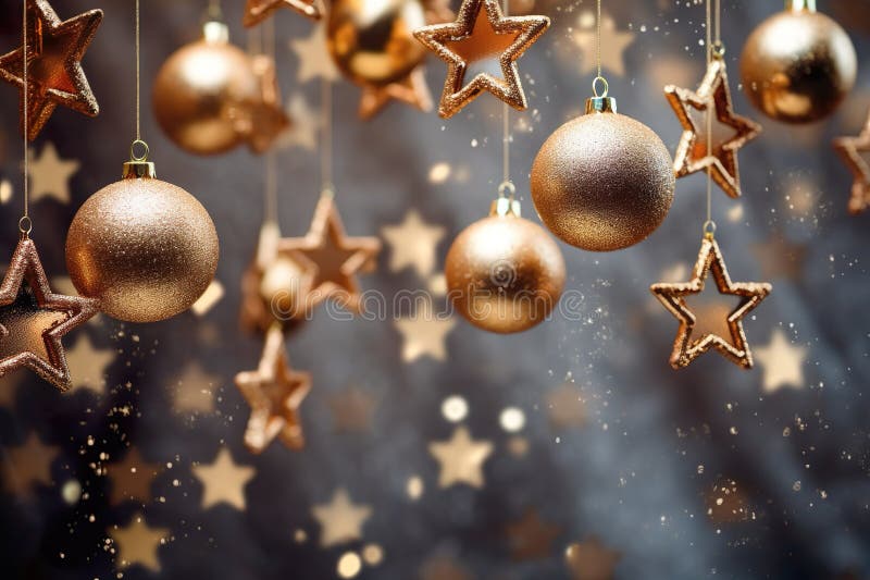 Christmas Background with Golden Christmas Tree Balls and Stars ...