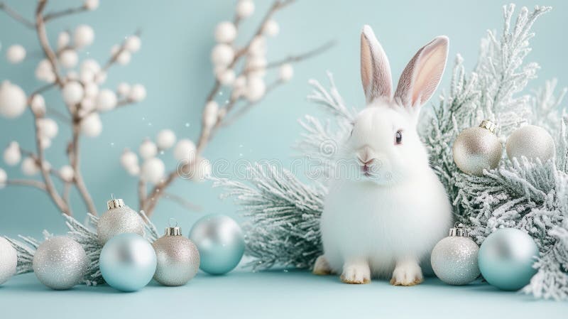 Christmas Background with a Pastel Tree Rabbit and Ornaments on a Soft ...