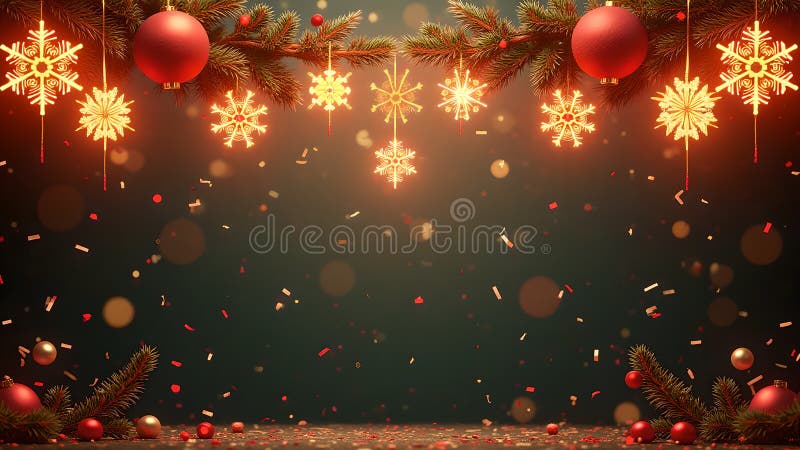 Christmas Background with Red Baubles, Snowflakes, and Confetti Falling ...