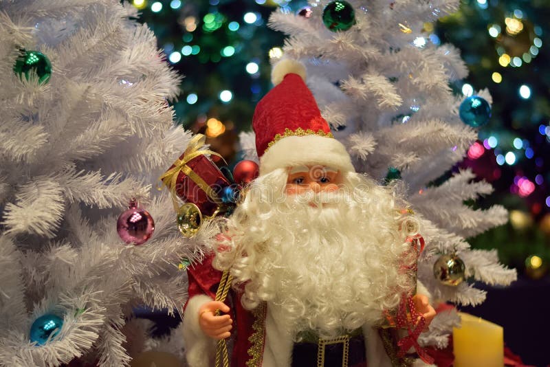 Christmas Background with Santa Claus & Blurred Lights Stock Photo ...