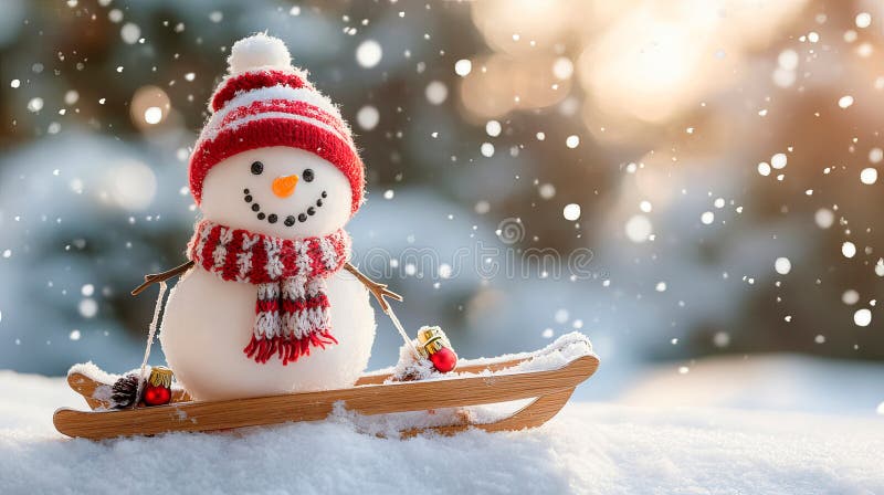 Christmas Background with Snowman and Wood Sled Stock Photo - Image of ...