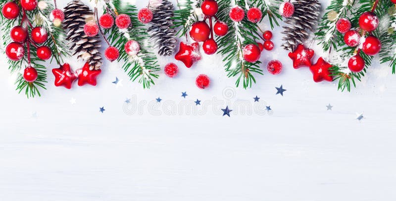 Christmas Background With Snowy Fir Branches, Cones And Red Berry ... Christmas Background With Snowy Fir Branches, Cones And Red Berry ...