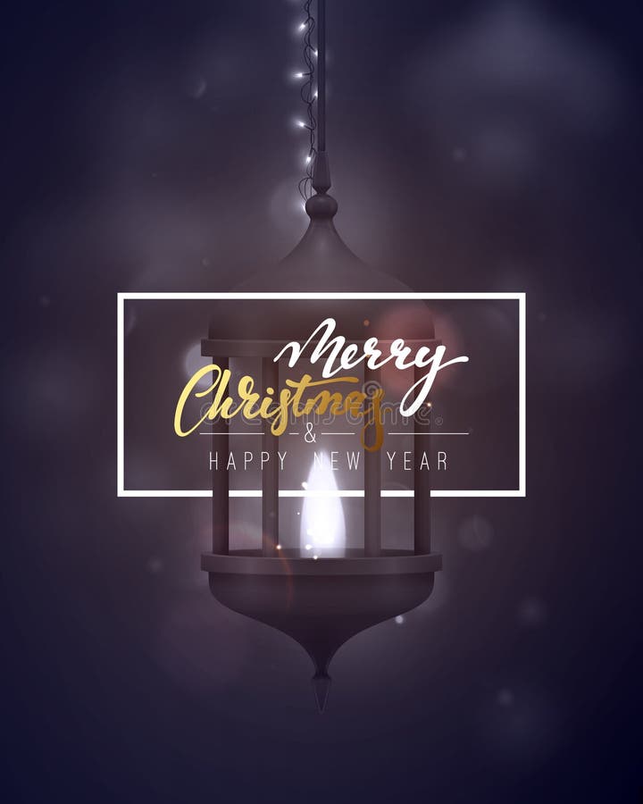 Christmas Background, Vintage Dark Blue Lantern with a Burning ...
