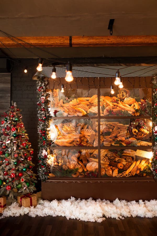 Christmas Bakery Showcase with Pastry and Christmas Decoration Stock ...