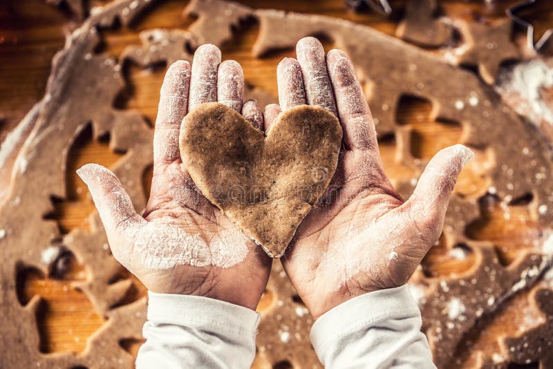 Christmas Baking and Gingerbread Heart in Woman Hands Stock Image ...