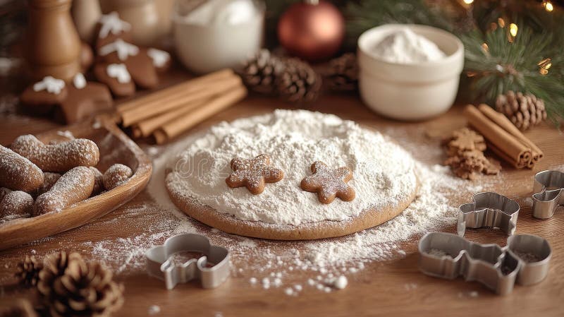 Christmas Baking Scene, Flour, Cookie Cutters, and Gingerbread Men ...