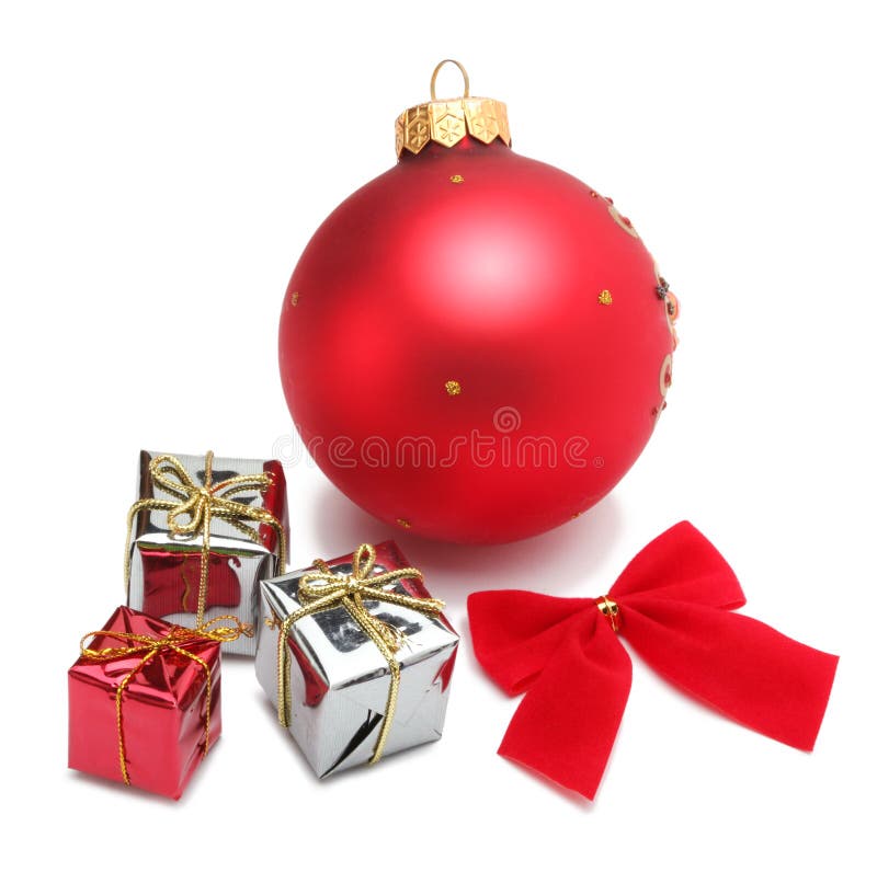 White Gift Box Tied with Red Ribbon and Christmas Ball Isolated Stock ...