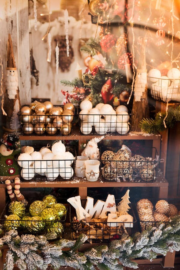 Christmas Balls and Decorations on Shelves at Shop. Stock Image - Image ...