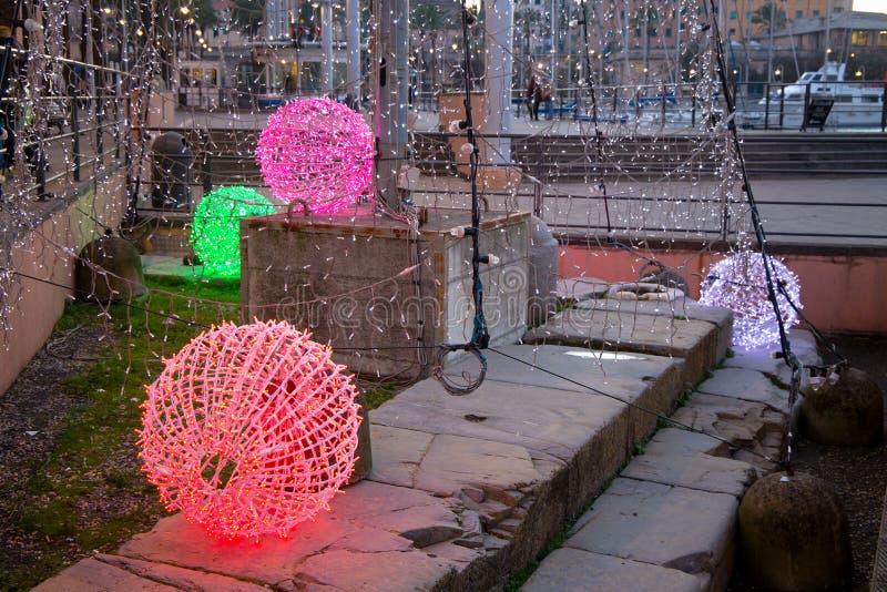 Christmas Balls Illuminated, Genoa, Italy Stock Photo - Image of decor ...