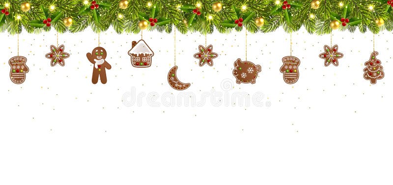 Christmas Banner with Garland and Christmas Gingerbread Stock Vector ...