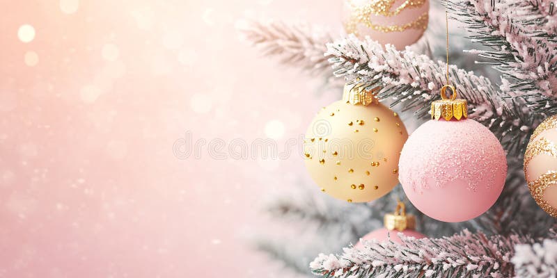 Christmas Banner with Pink and Yellow Bauble Ornaments on Tree with ...