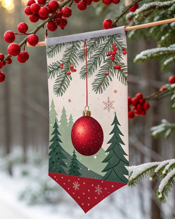 A Christmas Banner with a Red Ornament, Red Berries, and Pine Trees ...