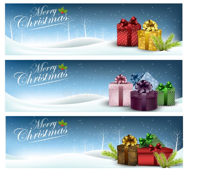 Christmas Banners with Gift Boxes and Ribbon in Snow Stock Vector ...