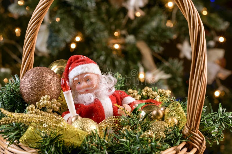 Christmas Basket Under the Tree Stock Photo - Image of decor, defocused ...