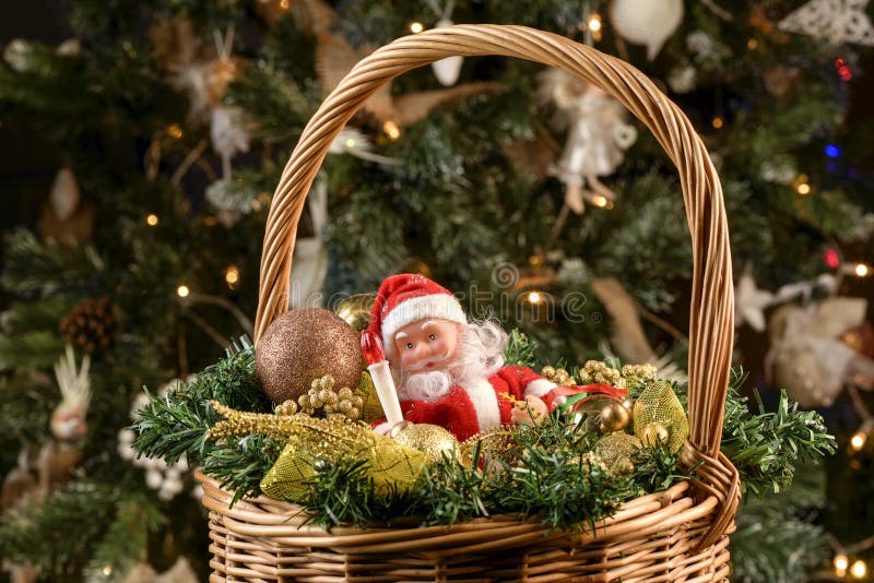 Christmas Basket Under the Tree Stock Photo - Image of balls ...
