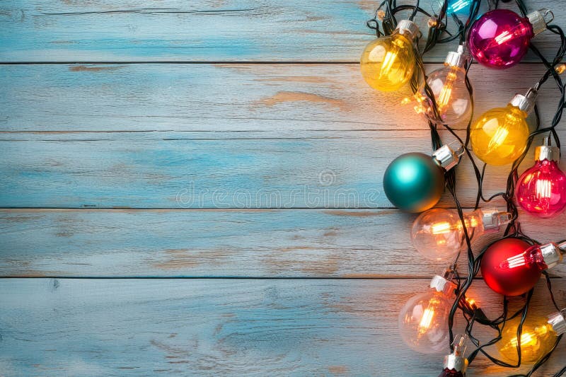 Christmas Baubles and String Lights on a Rustic Wooden Surface Stock ...