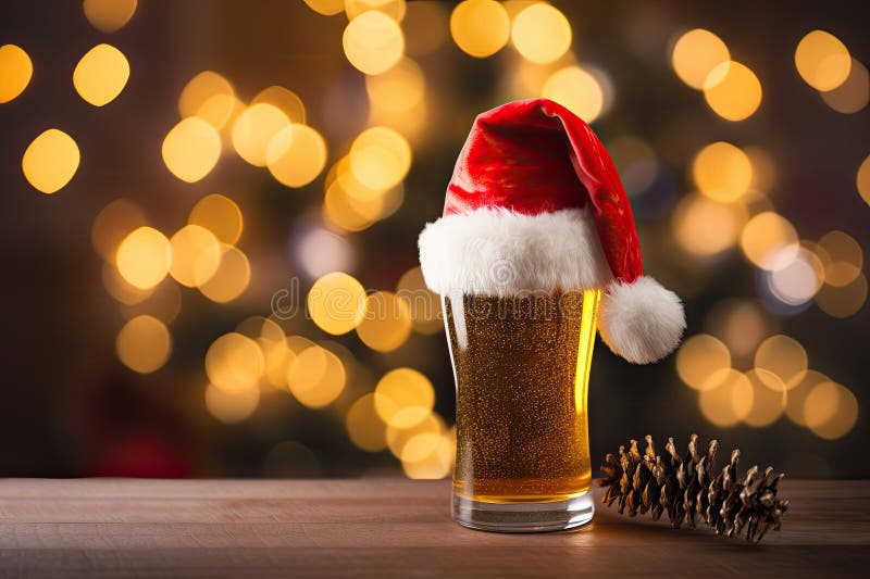 Christmas Beer in Santa Hat on Festive Background Stock Photo - Image ...