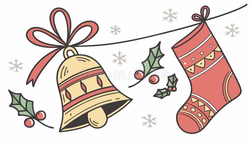Christmas Bell and Stocking with Holly Illustration Vector Design ...