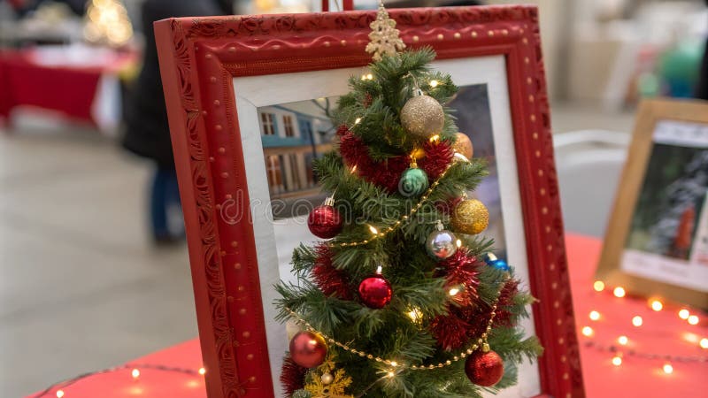 Christmas Blank Frame with Red Border and Tree with Decorations Stock ...