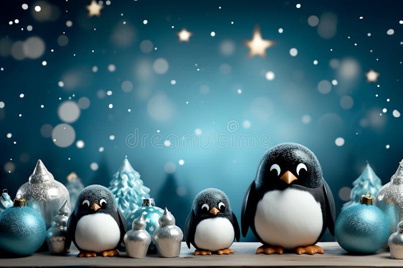 Christmas Blue Balls and Penguins on Blue Background with Bokeh Effect ...