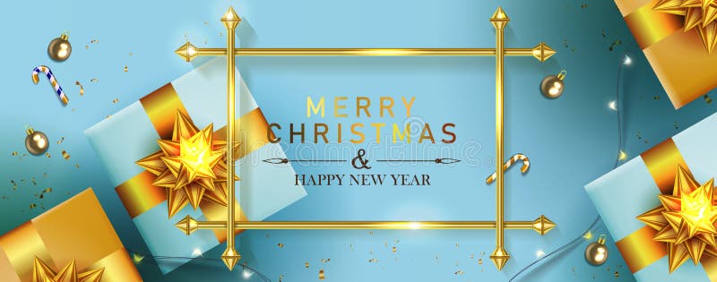 Christmas Blue Card, Gift Boxes, Gorgeous Gold Rectangular Frame Stock ...