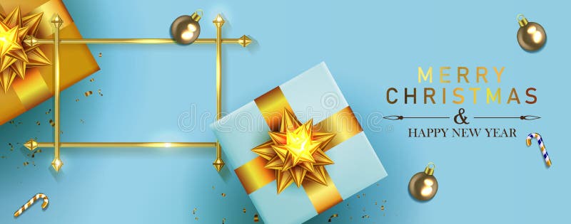 Christmas Blue Card, Rectangular Frame in Gold Shade. Stock Vector ...
