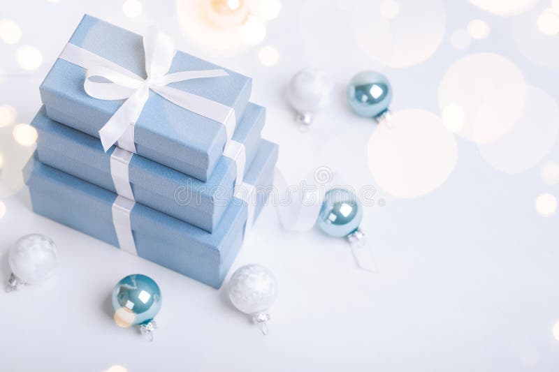 Christmas Blue Gifts with Decorations on White Background Stock Image ...