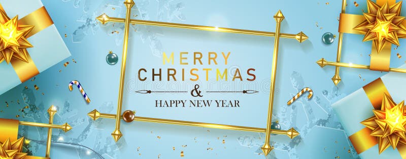 Christmas Blue Illustration, Rectangular Gold Frame, Gift Boxes with ...