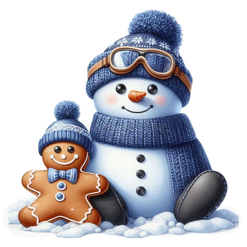 Christmas Blue Snowman with Gingerbread Man Stock Illustration ...