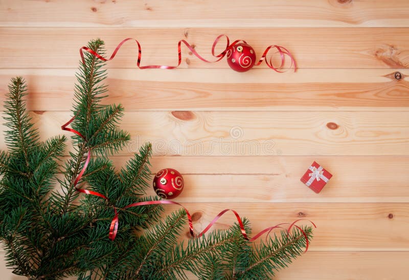Christmas Border Made of Fir Branches, Balls and Gift Box. Stock Photo ...