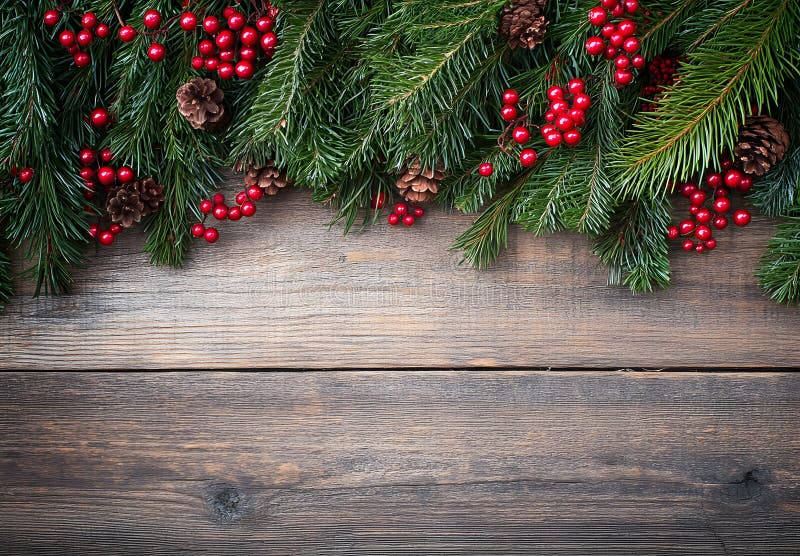 Rustic Christmas Border with Evergreen Branches and Red Berries Stock ...