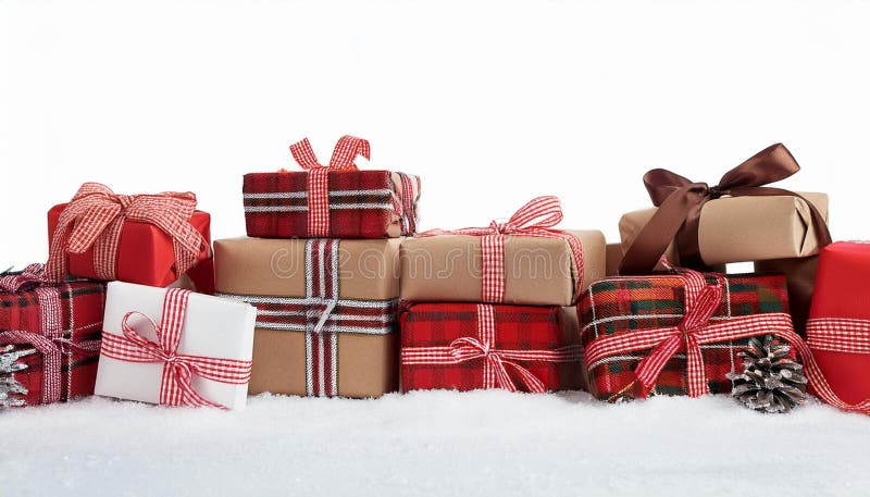 Christmas Border of Rustic Red, White, Brown and Plaid Gift Boxes in ...