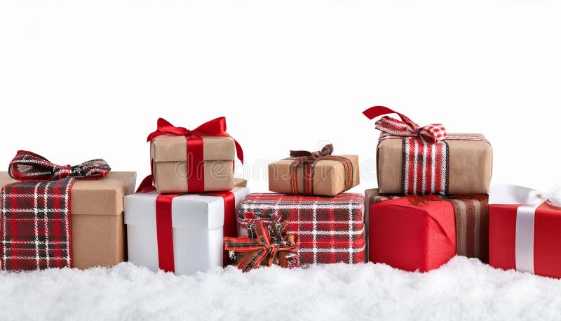 Christmas Border of Rustic Red, White, Brown and Plaid Gift Boxes in ...