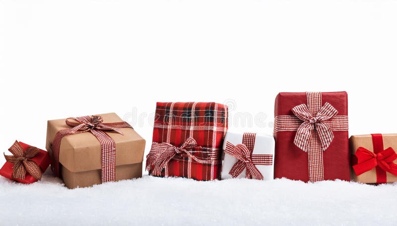 Christmas Border of Rustic Red, White, Brown and Plaid Gift Boxes in ...