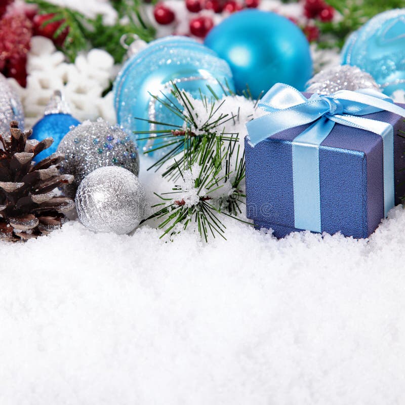 Christmas Border with Decorations and Gift Box on the Snow Square Stock ...